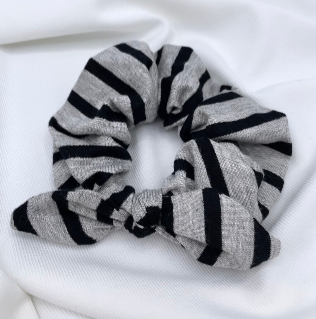 Grey & Black Striped Knit // HANDMADE Hair Scrunchie With REMOVABLE Bow ...