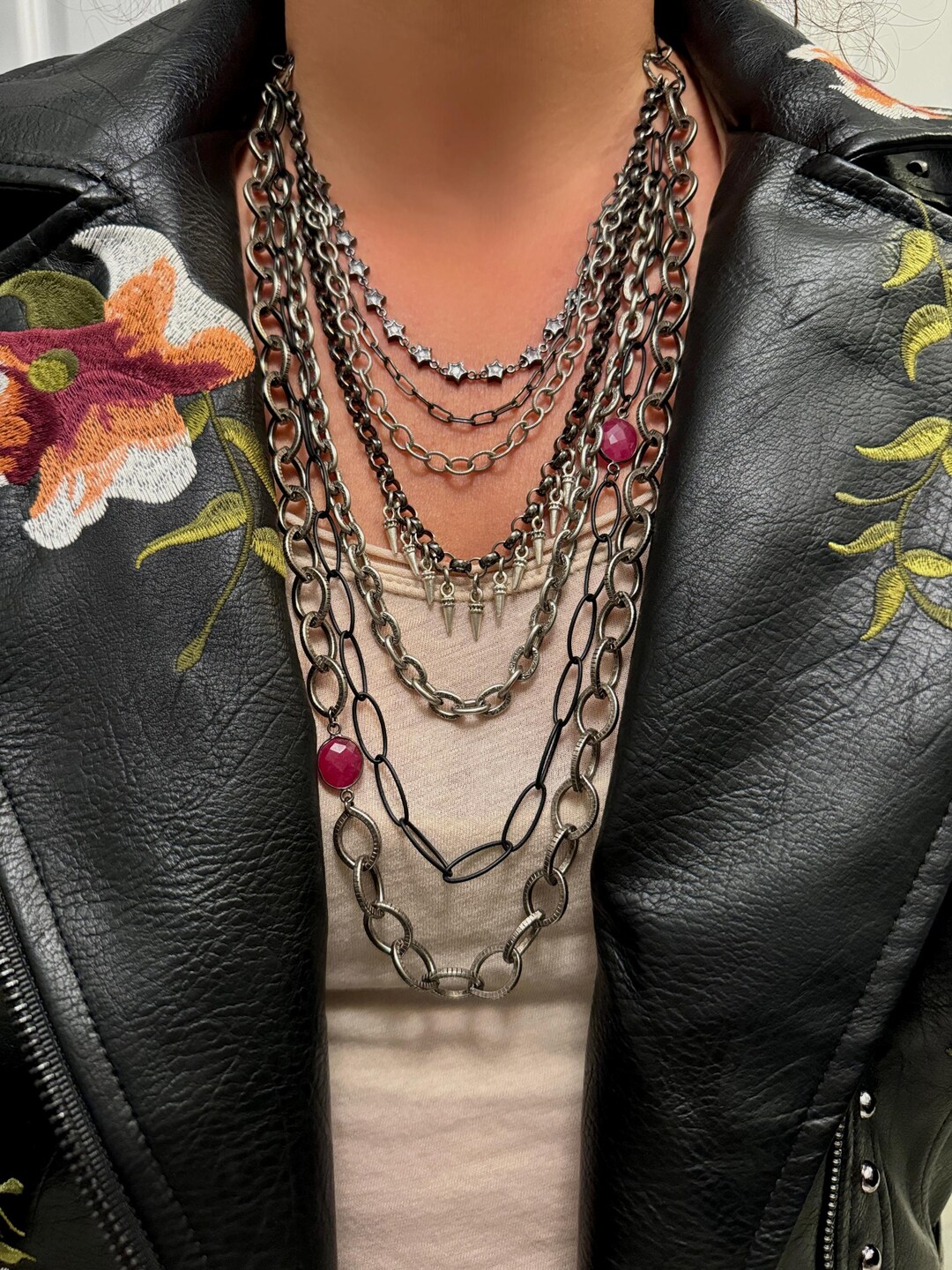 Multi Chain Statement Necklace: Mixed Metals, Ruby Gemstone, Handmade - Etsy