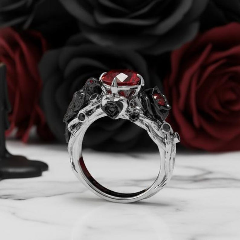 Black Crow Gothic Ring – 1.25ct Red Diamond Sterling Silver Engagement ...