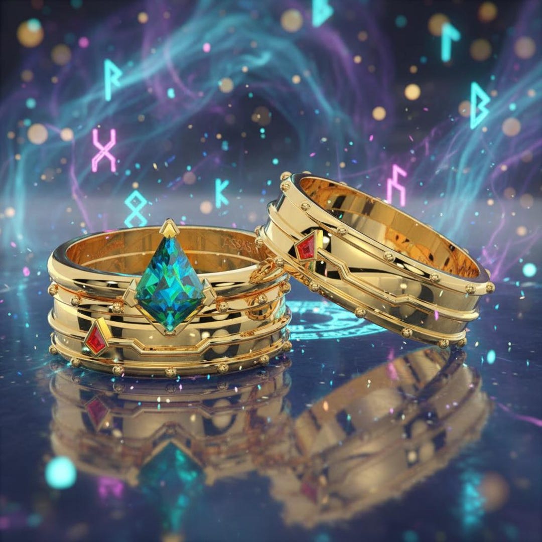 14K Gold Gamer Wedding Ring Set – Arrowhead Moissanite, Fantasy Couple ...