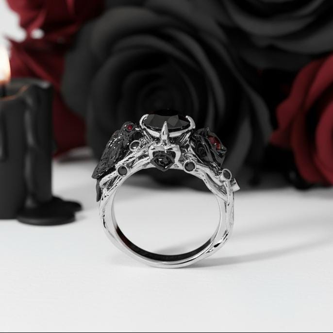 Black Crow Gothic Ring – 1.25ct Red Diamond Sterling Silver Engagement ...