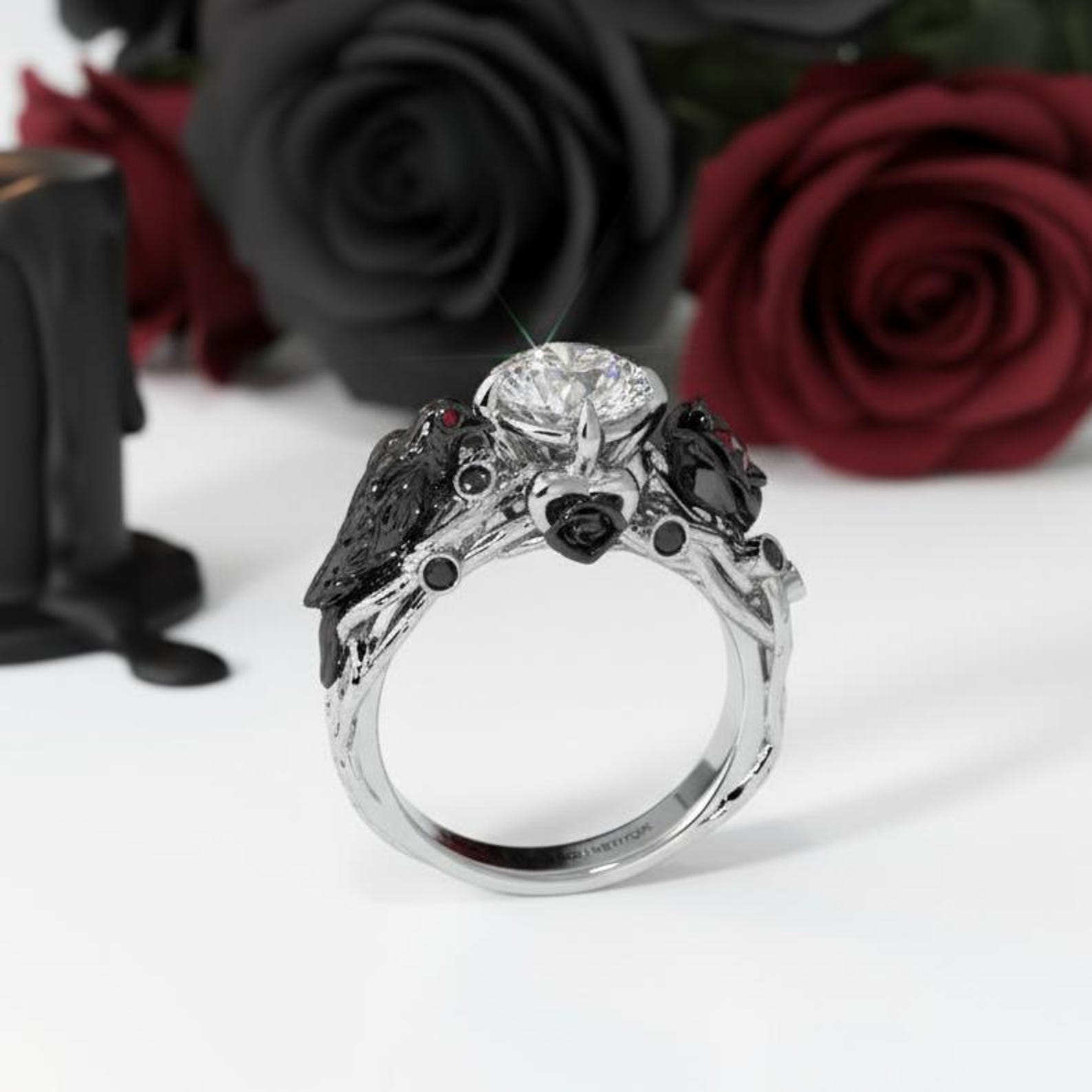 Black Crow Gothic Ring – 1.25ct Red Diamond Sterling Silver Engagement ...