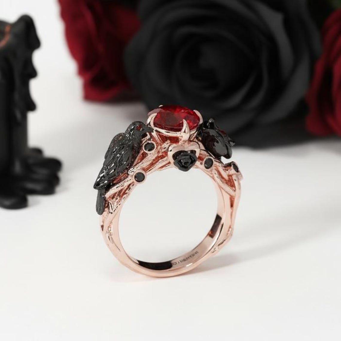 Black Crow Gothic Ring – 1.25ct Red Diamond Sterling Silver Engagement ...