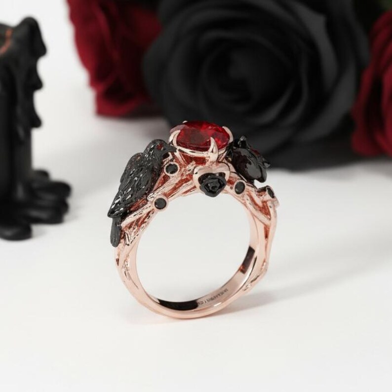 Black Crow Gothic Ring – 1.25ct Red Diamond Sterling Silver Engagement ...
