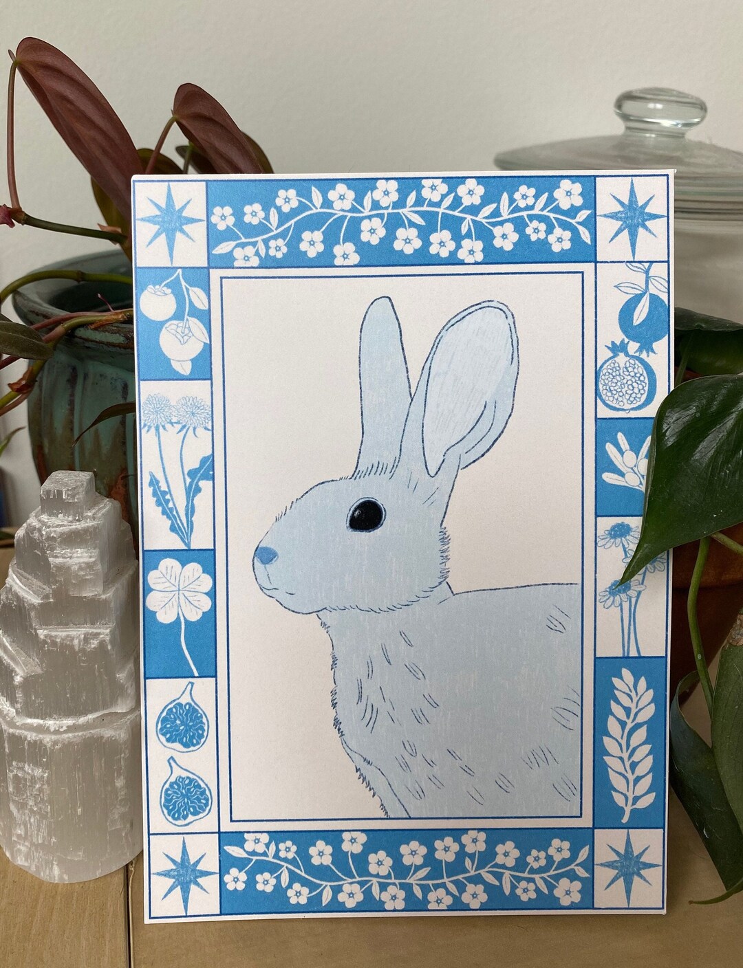Botanical Blue Bunny Art Print - Etsy