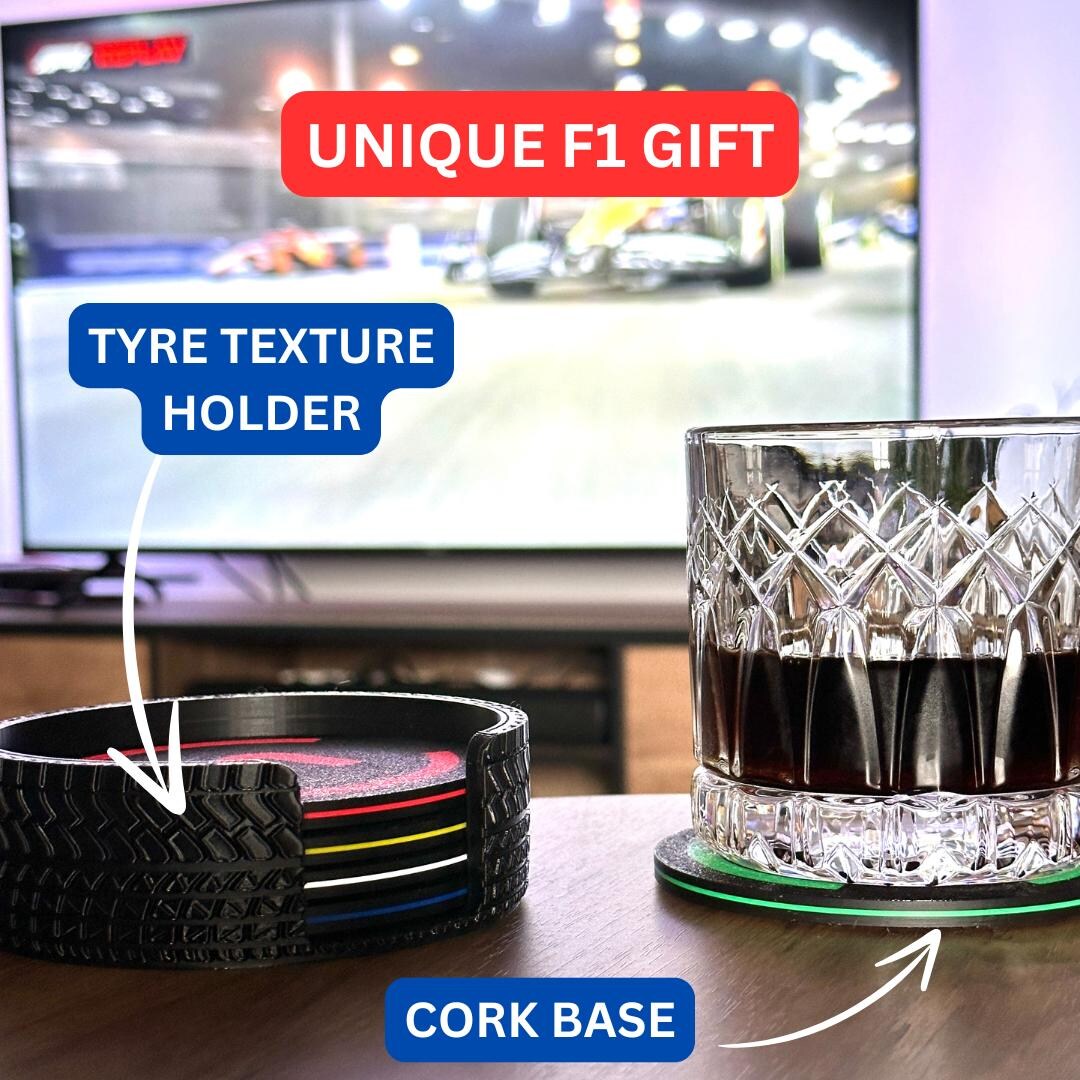 F1 Gift - Formula 1 Tyre Coasters With Cork Base and Tyre Texture ...