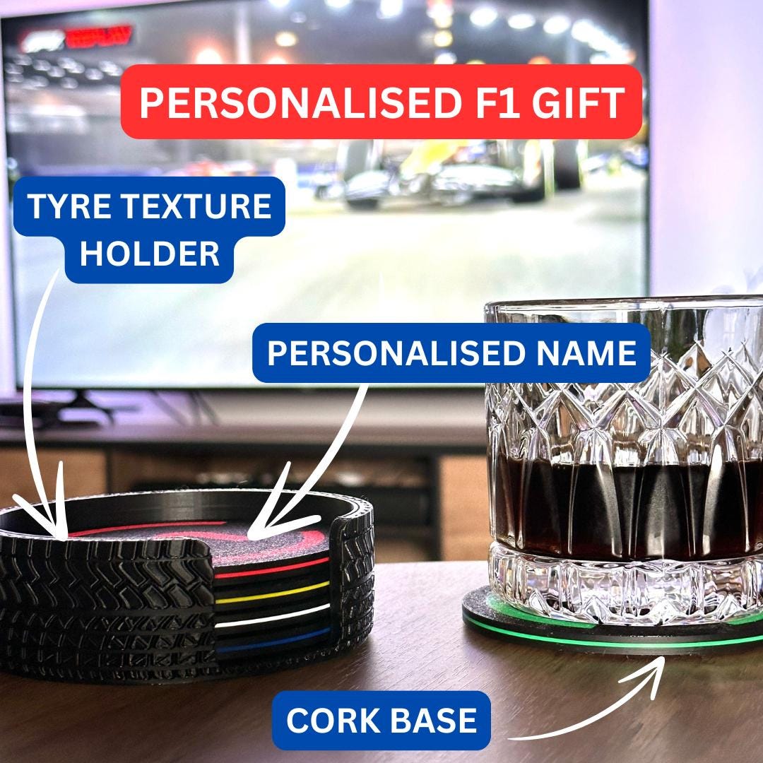 F1 Gift Personalised Formula 1 Tyre Coasters With Cork Base and Tyre ...