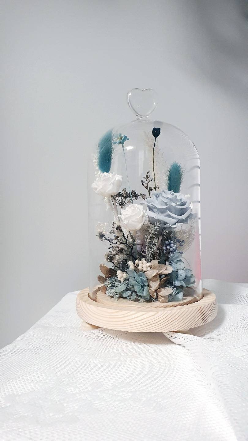 Blue Eternal Rose With Light Flower Glass Dome preserved | Etsy