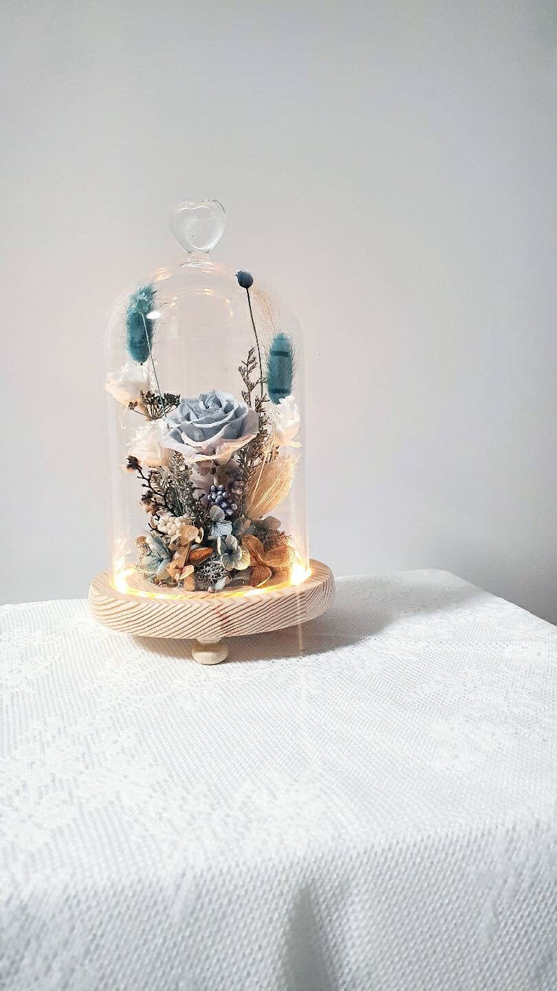 Blue Eternal Rose With Light Flower Glass Dome preserved | Etsy