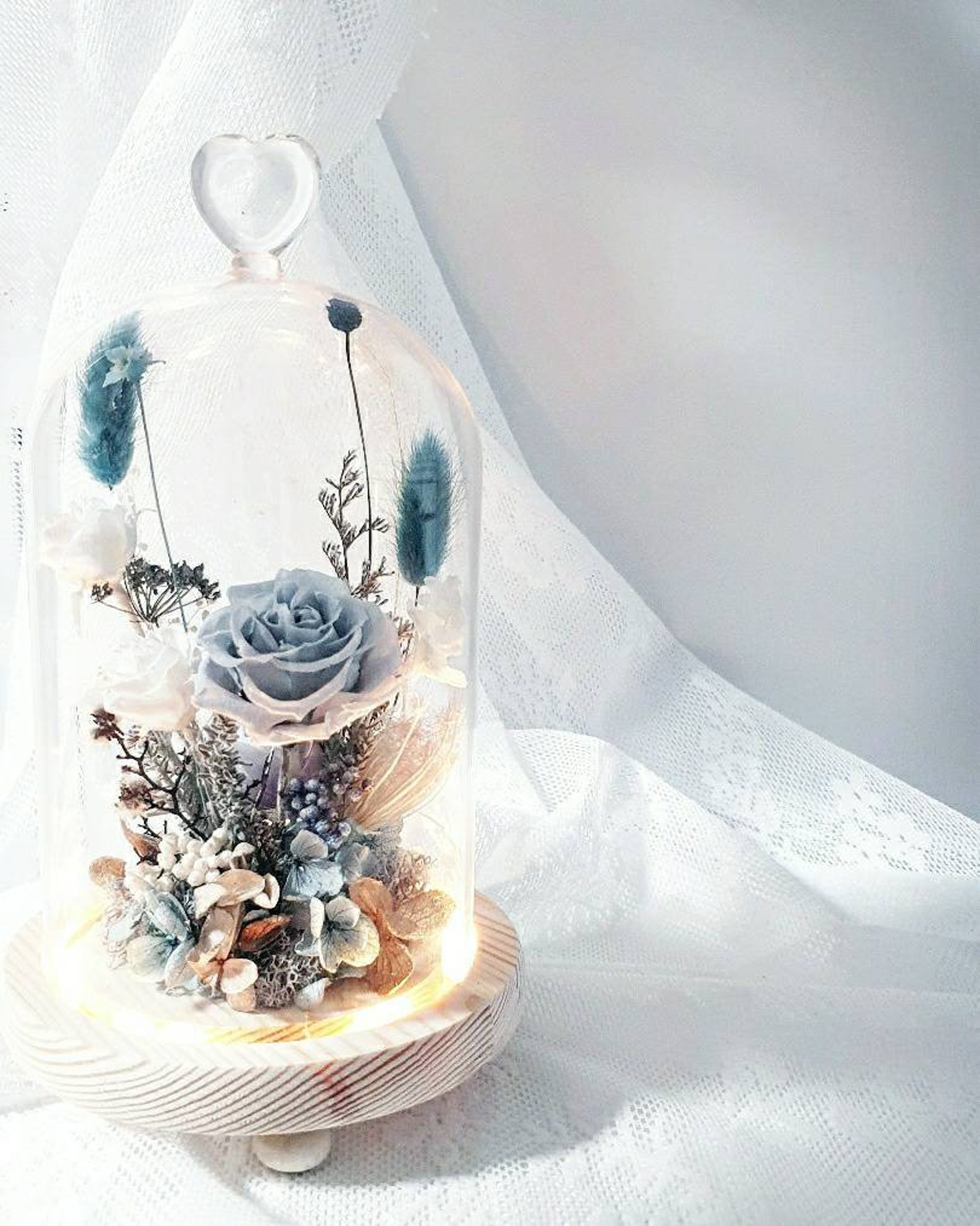 Blue Eternal Rose With Light Flower Glass Dome preserved | Etsy