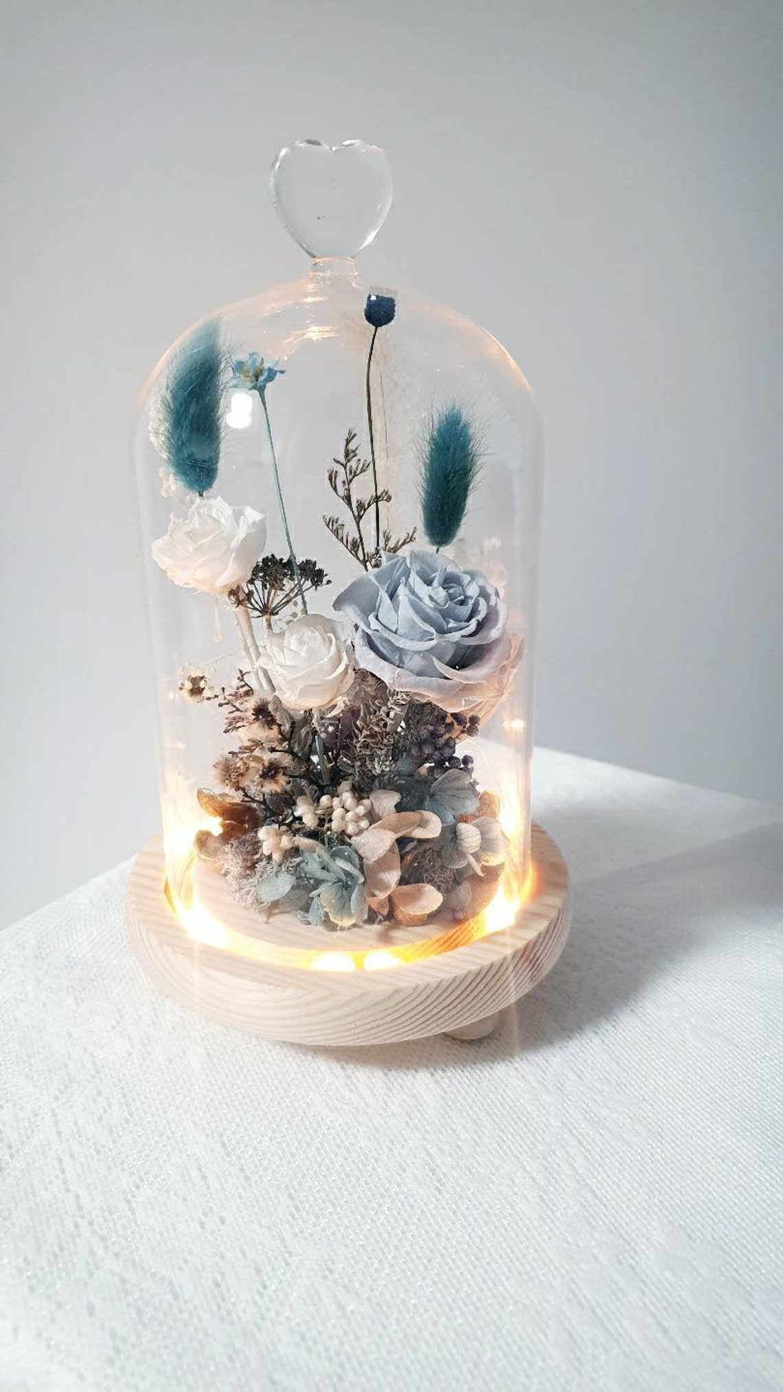 Blue Eternal Rose With Light Flower Glass Dome preserved | Etsy