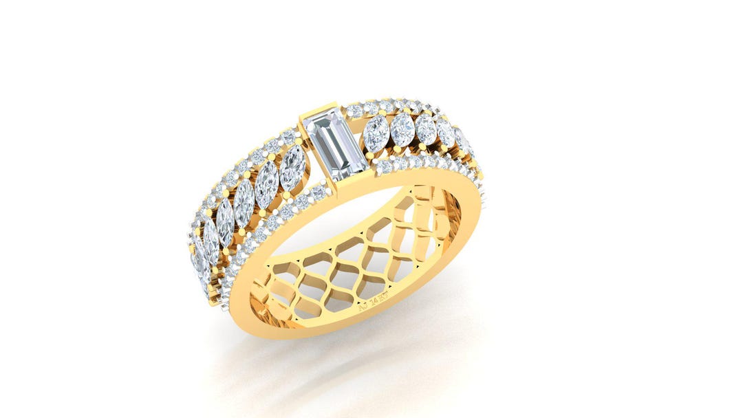 14K Gold Multi Band Diamond Ring, Stacking Double Row Floating Baguette ...