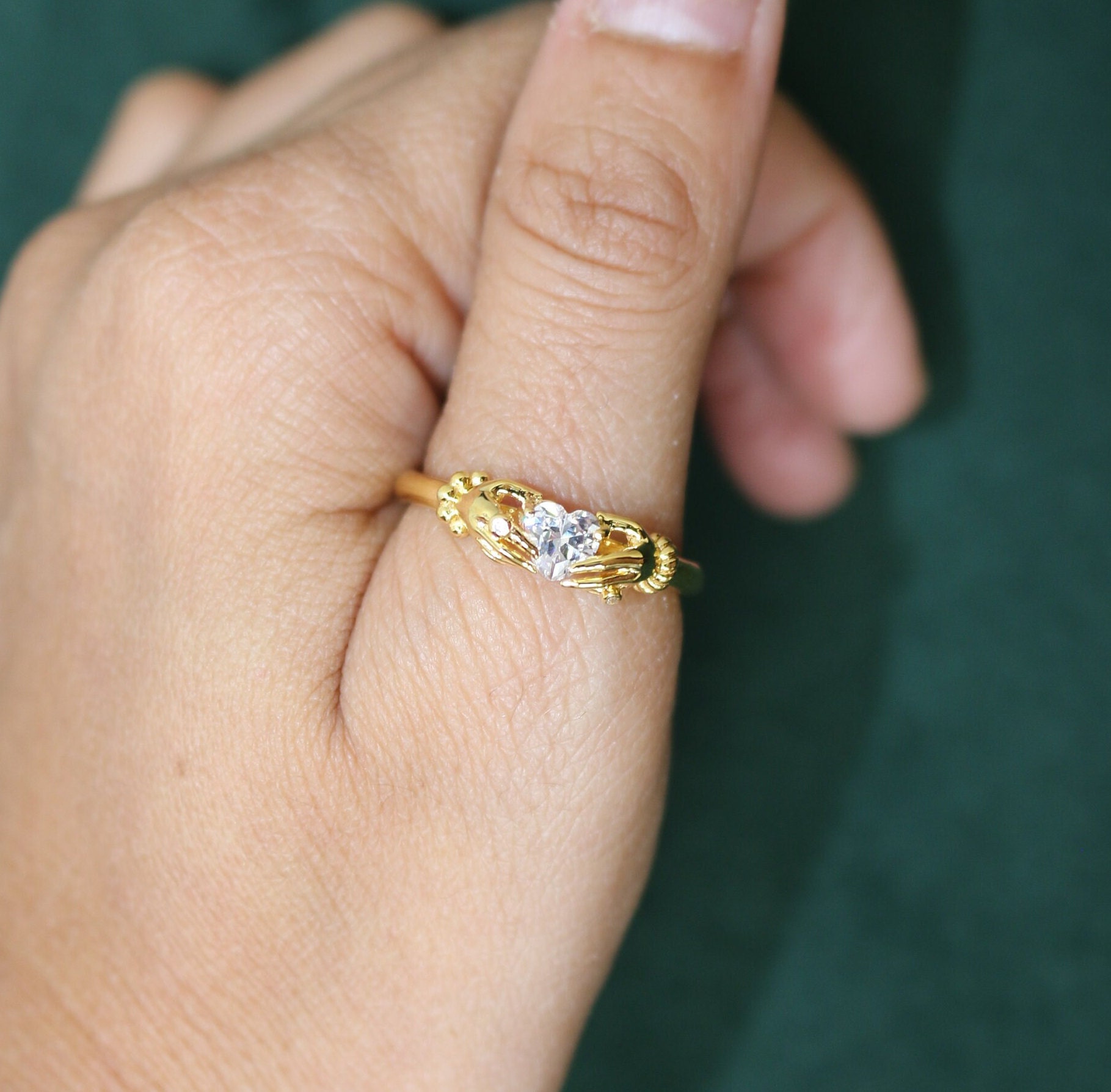 14k Gold Holding Hands Ring, Heart Hand Love Ring, Lab Grown Diamond ...