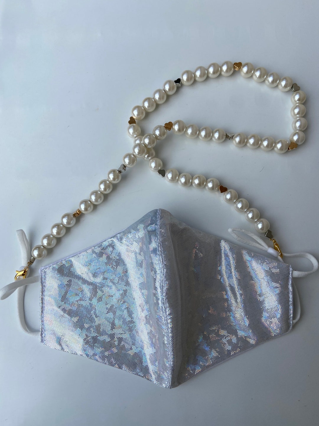 Pearl and Heart Bead Face Mask Necklace, Face Mask Holder, Pearl Mask ...