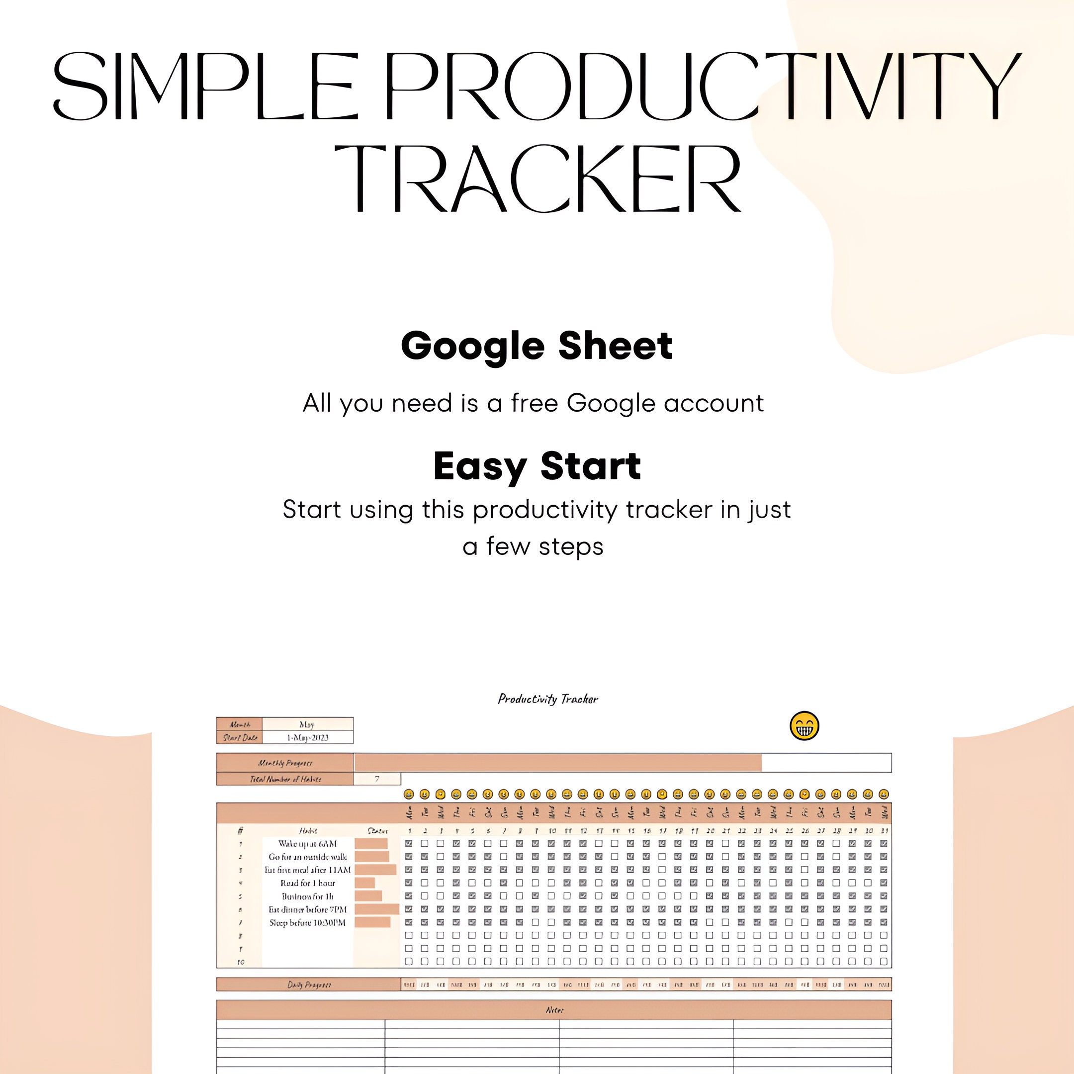 Productivity Tracker Spreadsheet Google Sheets Daily Habit Planner ...