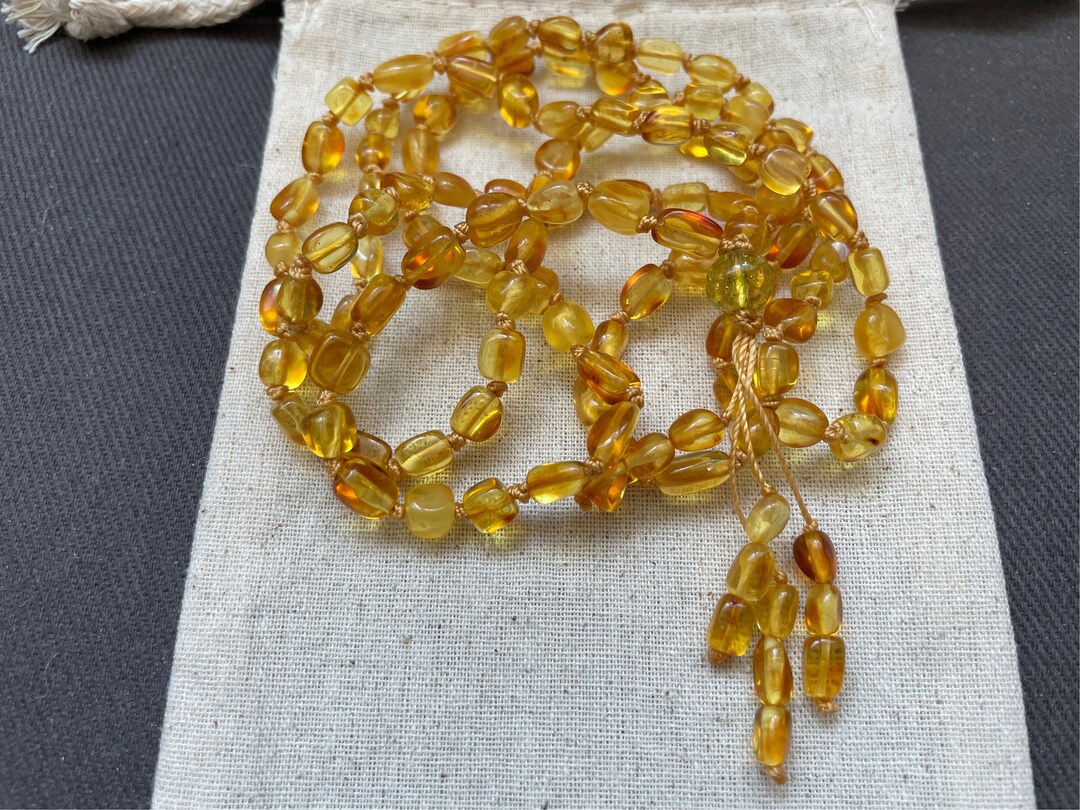 Natural Amber Beaded Mala With Peridot, 108 Handknotted Mala, Solar ...