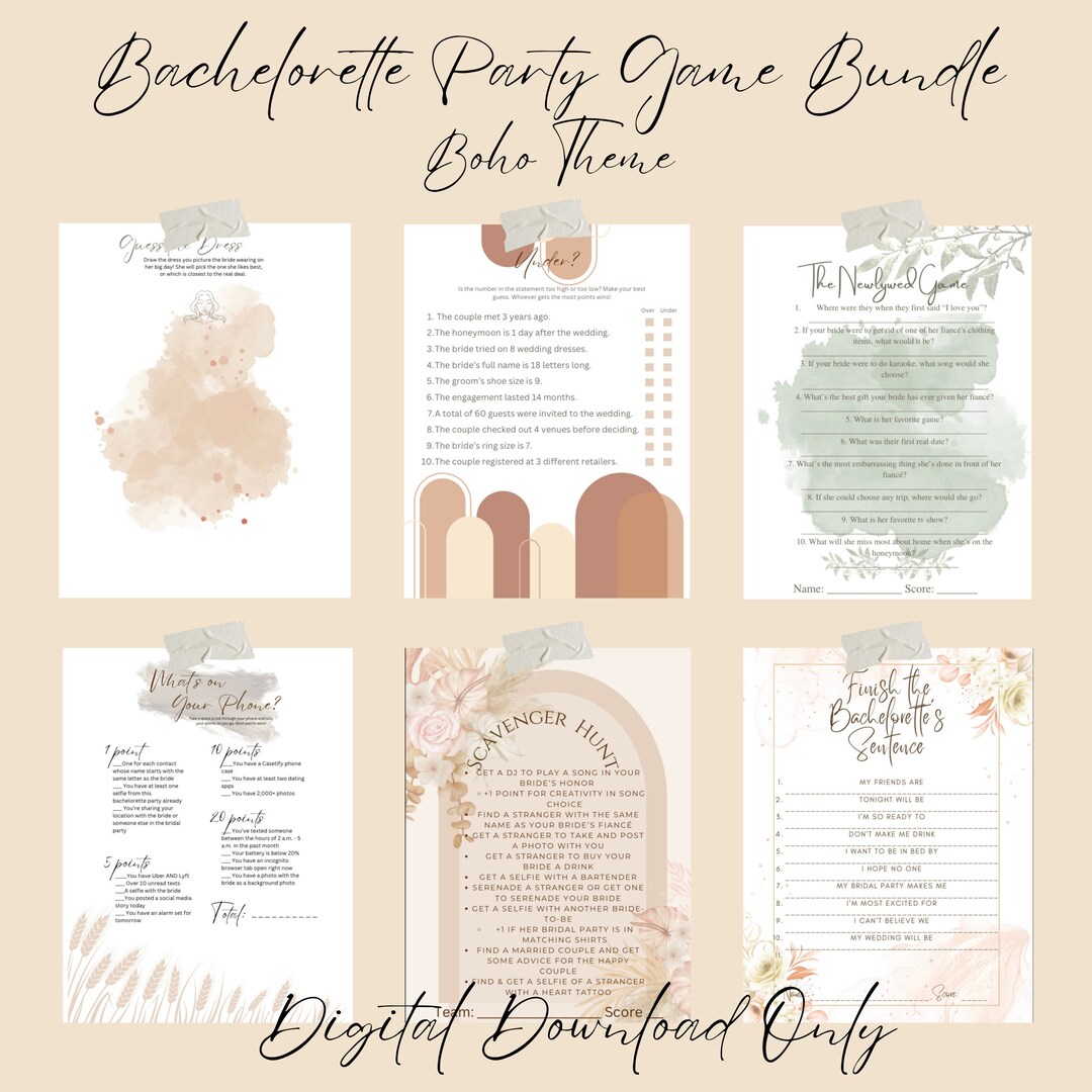 Bachelorette Party Game Bundle - Boho Bohemian Chic Theme - Etsy