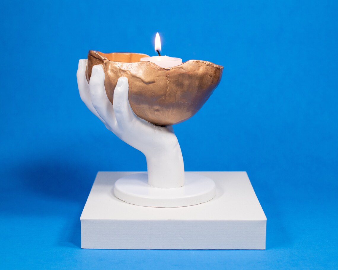Plaster Hand Sculpture With Bowl Hand With Gold Skull - Etsy