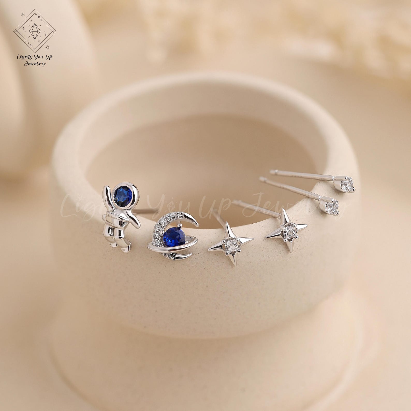 Moon Star Planet Astronaut Earring Set, 925 Sterling Silver & Gold ...