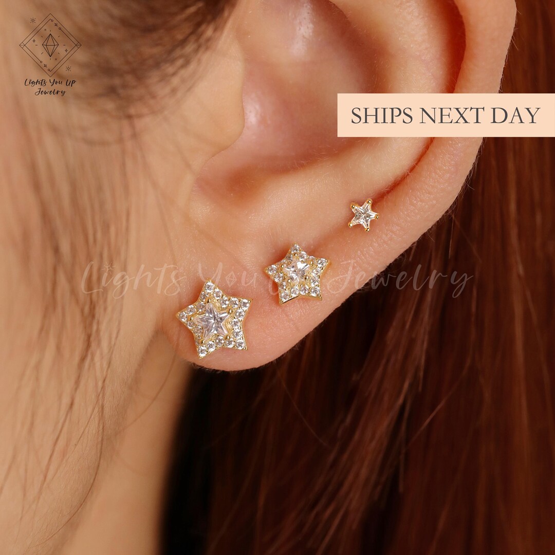 Star Stud Earrings Set, 925 Silver & Gold Cute Dainty Bling Star ...