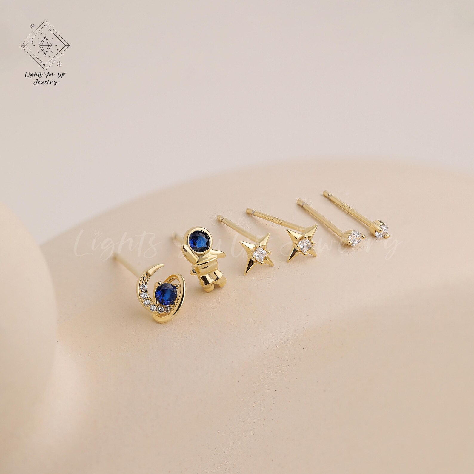Moon Star Planet Astronaut Earring Set, 925 Sterling Silver & Gold ...