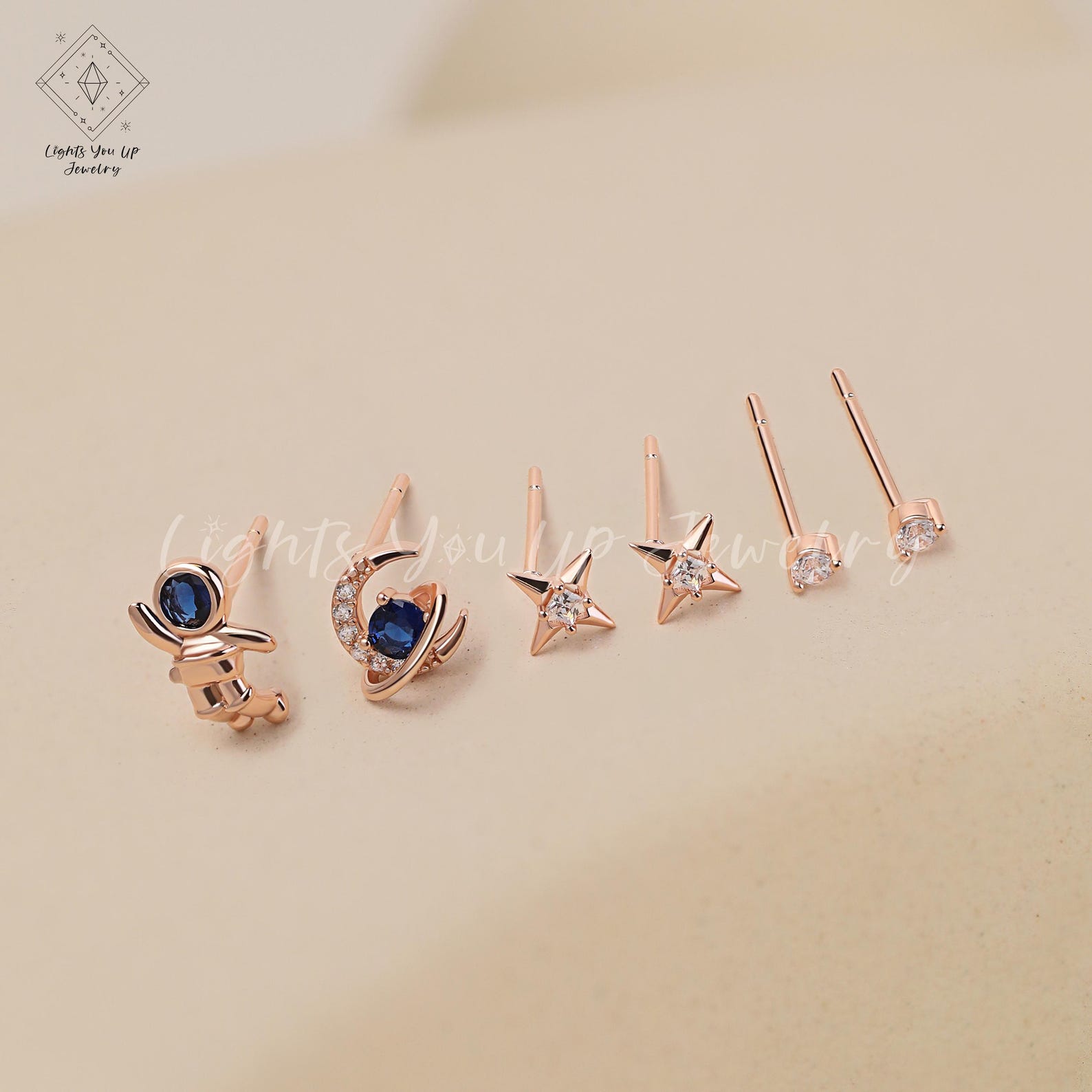 Moon Star Planet Astronaut Earring Set, 925 Sterling Silver & Gold ...