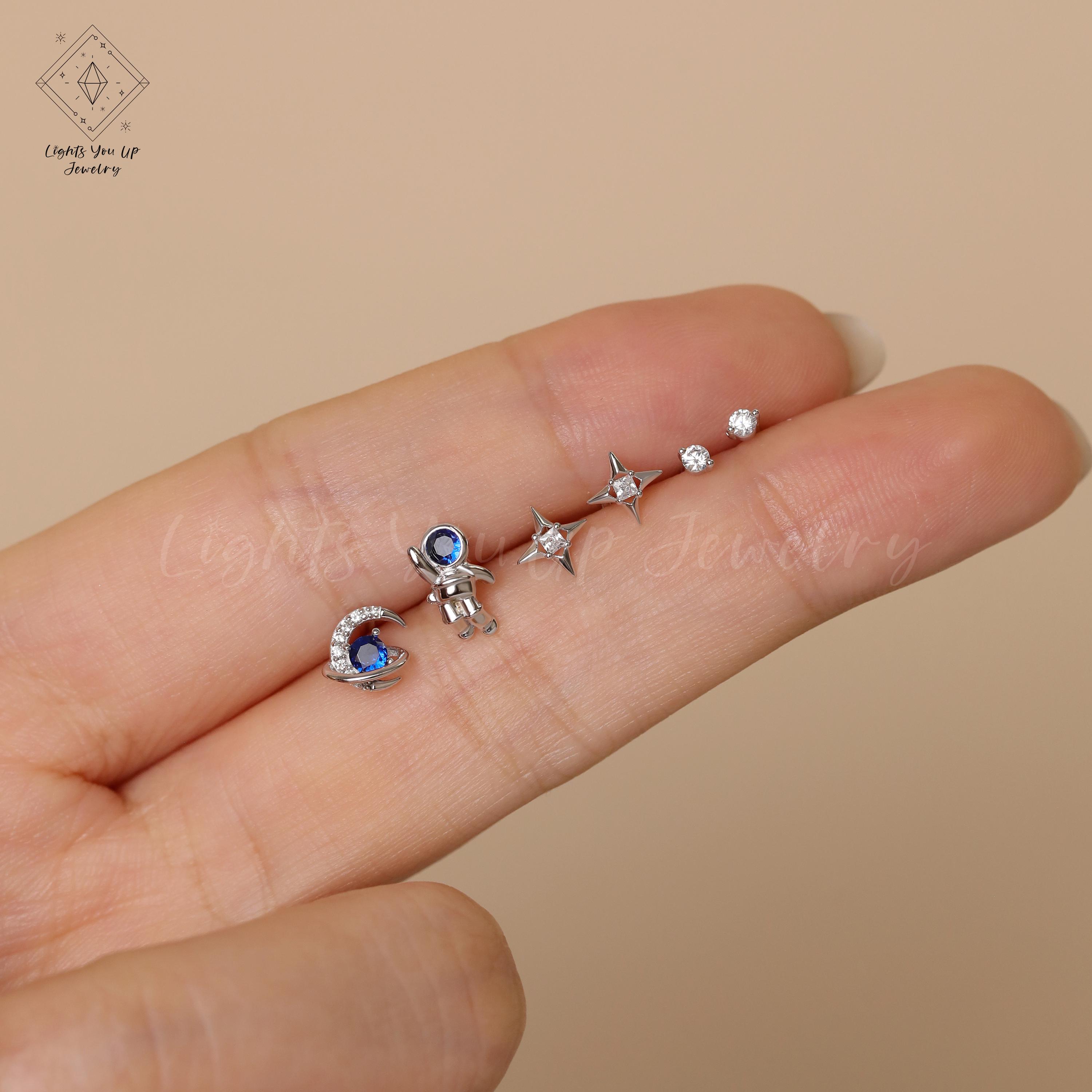 Moon Star Planet Astronaut Earring Set, 925 Sterling Silver & Gold ...