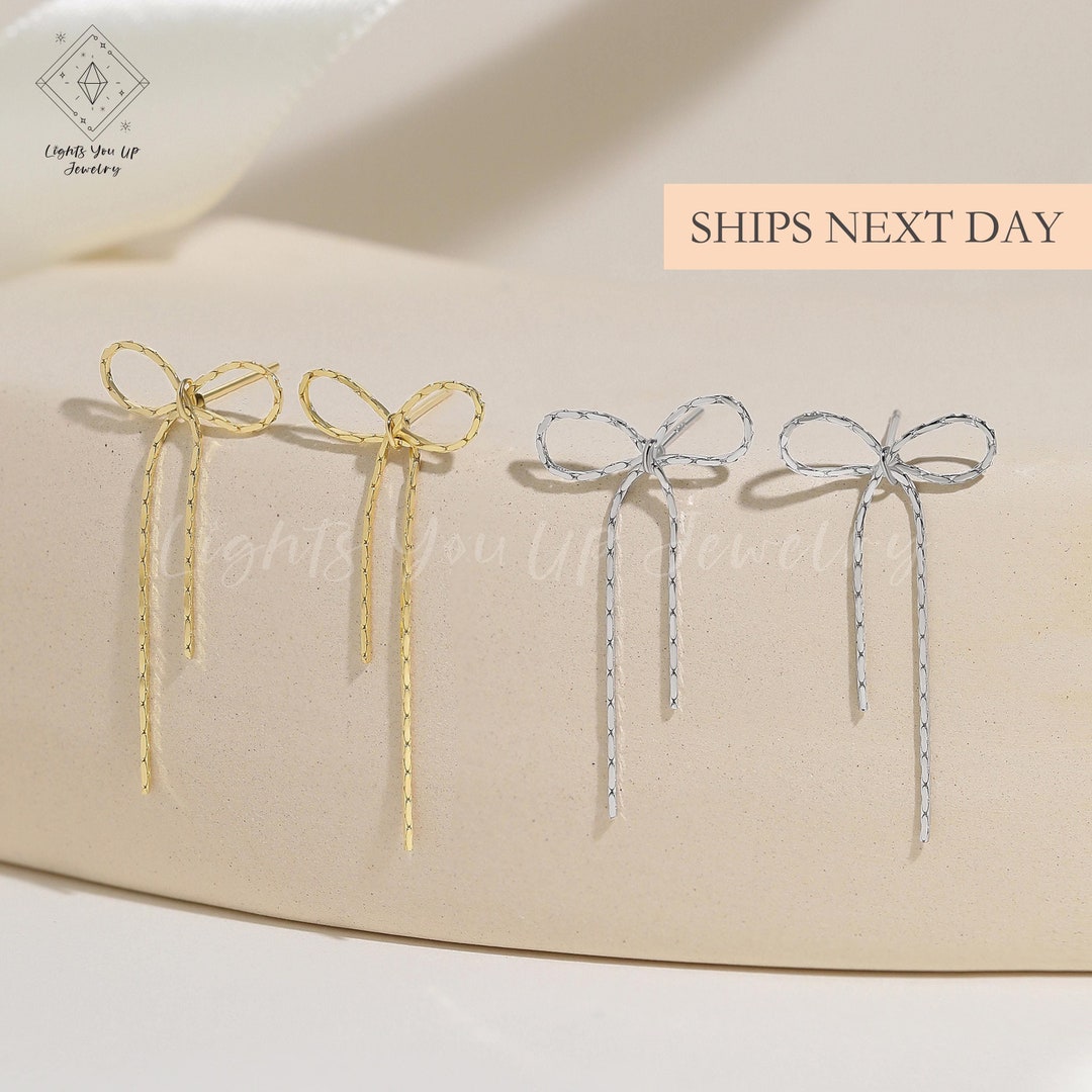 Sparkling Chains Bow Earrings, 925 Silver & Gold Asymmetrical Chain ...