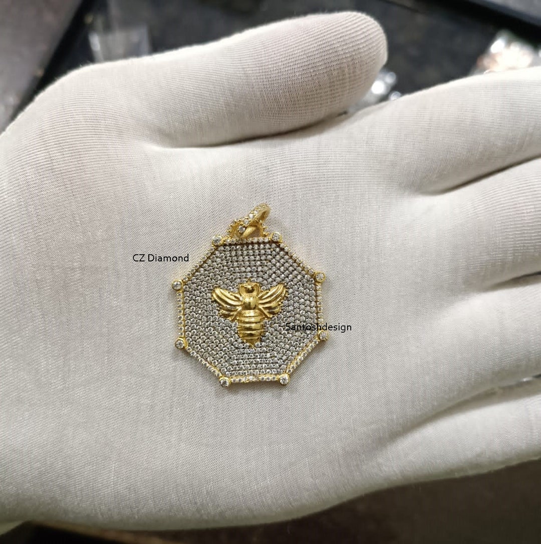 Two Tone Designer Bee Octagon Diamond 925 Sterling Silver Charm Pendant ...