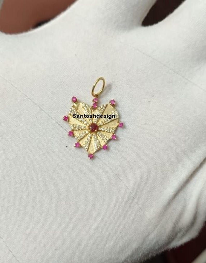 14k/18 Solid Gold Heart Pendant, Ruby Diamond Charm, Handmade Jewelry ...