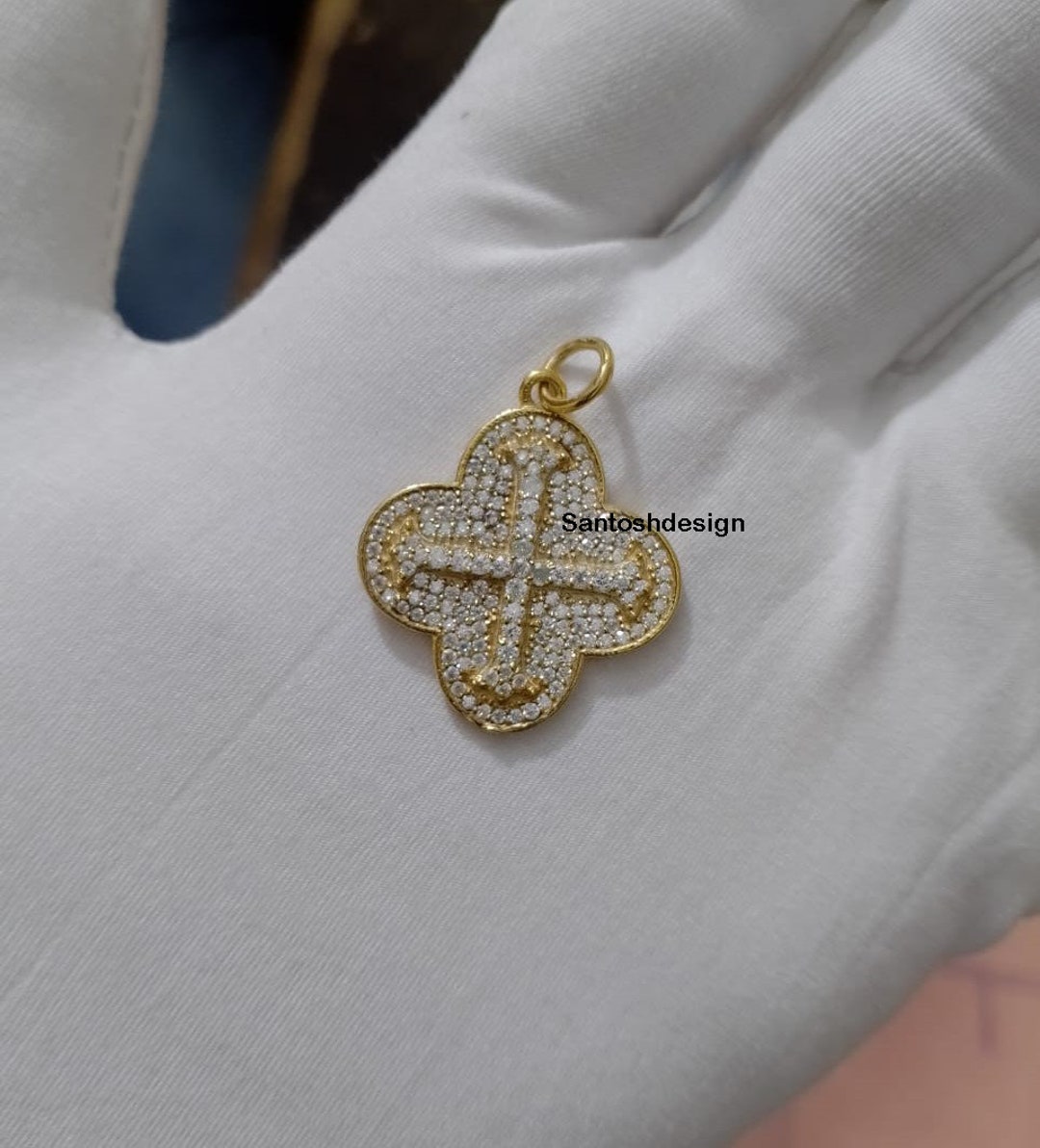 Beautiful Clover Cross 925 Sterling Silver Diamond Charn Pendant ...