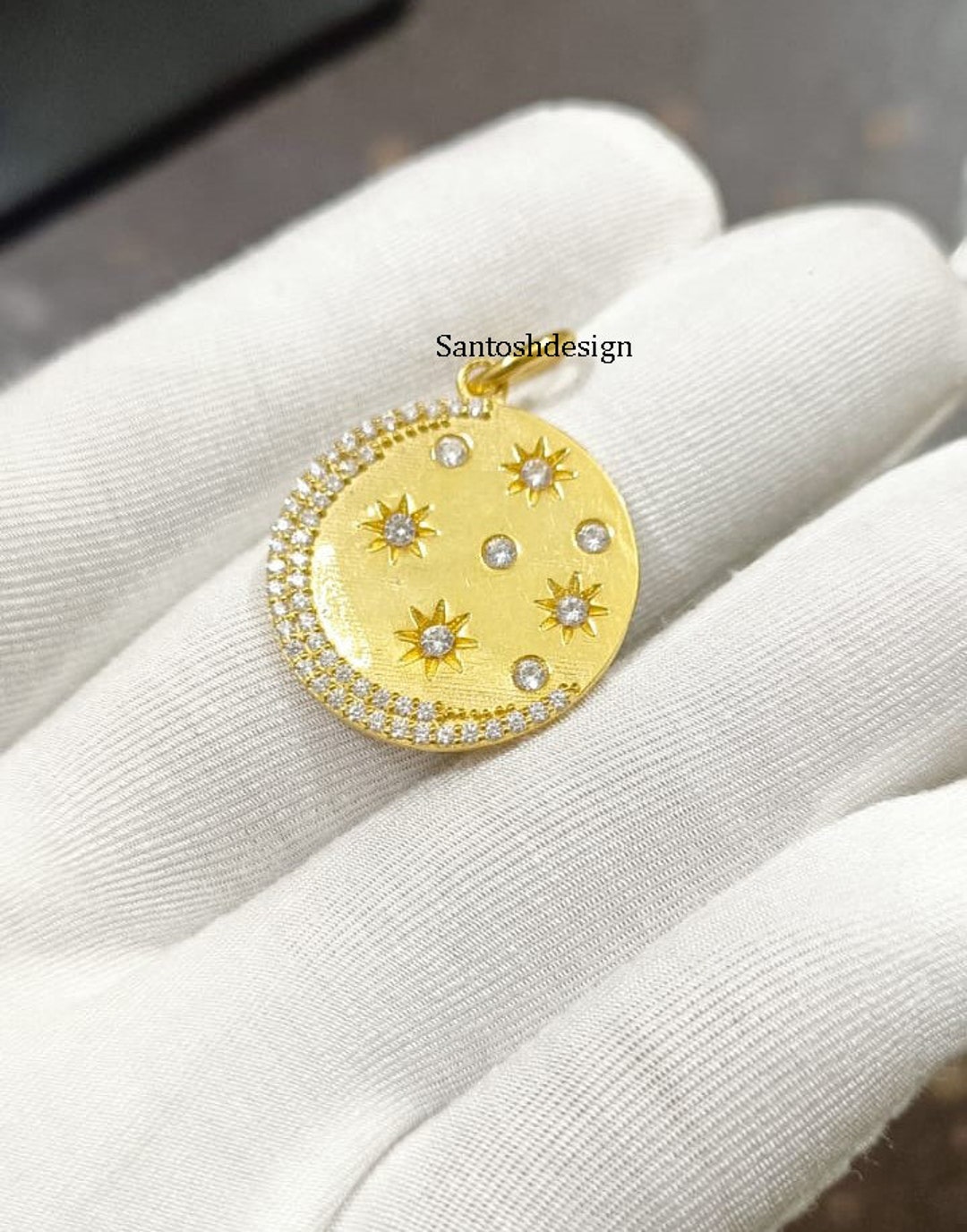 14k Solid Gold Celestial Star Moon Diamond Charm Pendant,beautiful ...