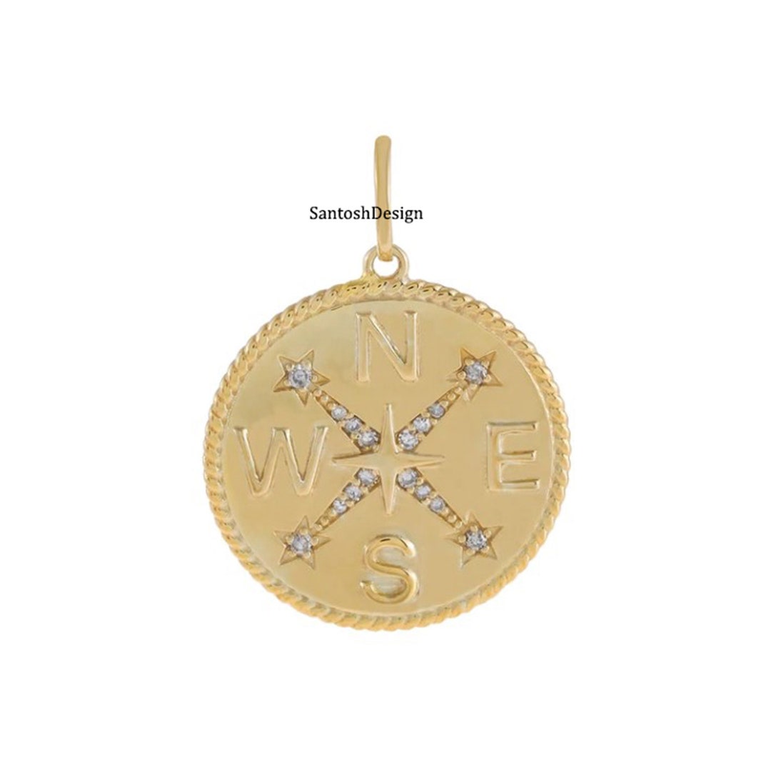 14k Solid Gold Compass Diamond Charm Pendant,beautiful Compass Diamond ...