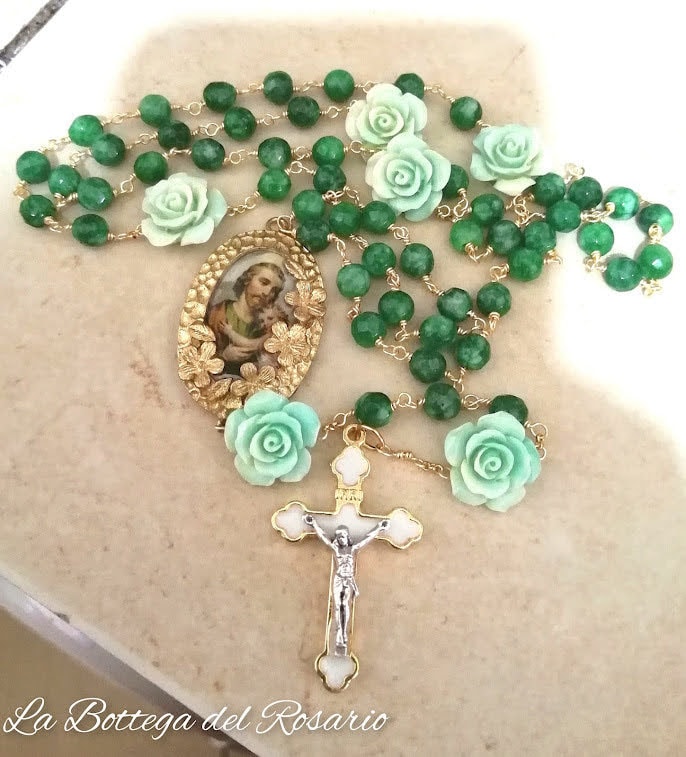 Green Rosary of St Joseph Agate Stones and Roses Beads. Catholic ...