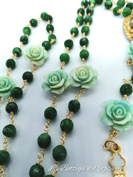 Green Rosary of St Joseph Agate Stones and Roses Beads. Catholic ...