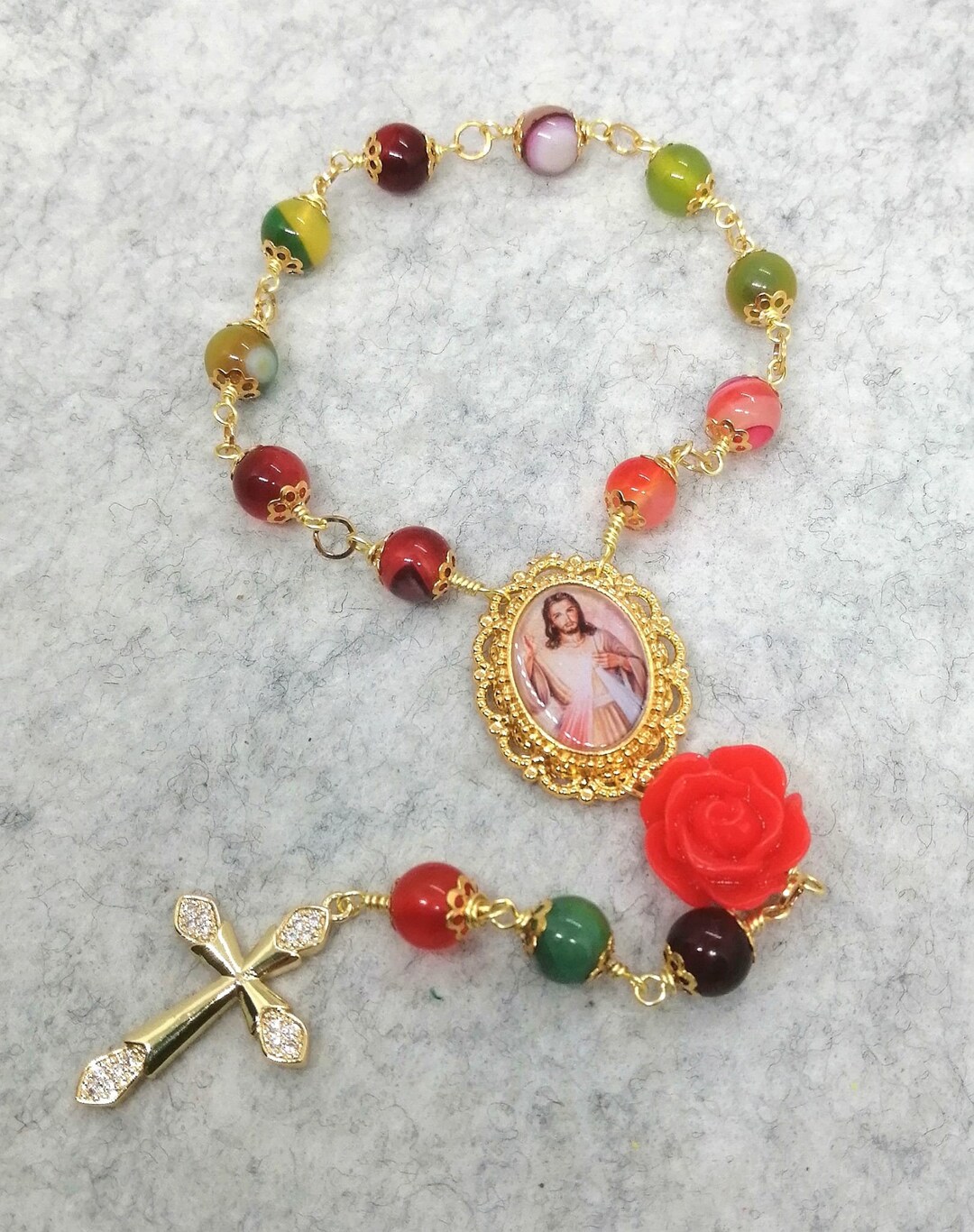 Divine Mercy Rosary Chaplet, Red and Green Gemstones Rosary, Catholic ...