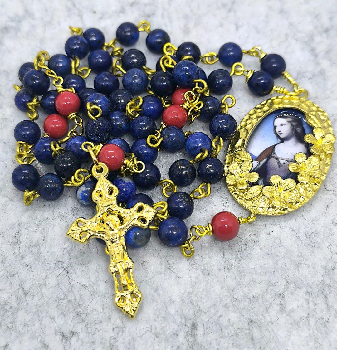 Catholic Rosary of Saint Agnes, Blue Lapis Lazuli Rosary and Red Bamboo ...
