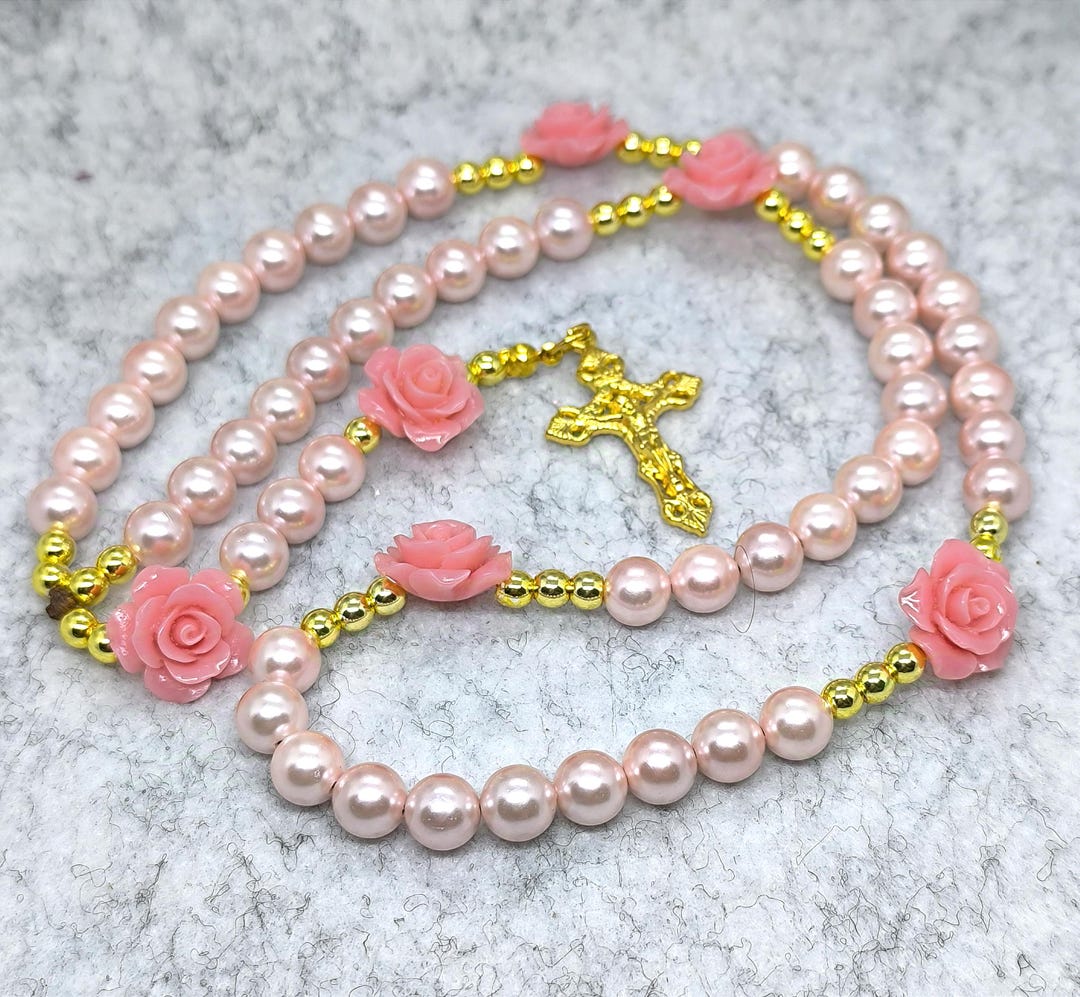 Catholic Roses Rosary, Pink Mother-of-pearls Rosary, Statement Rosary ...