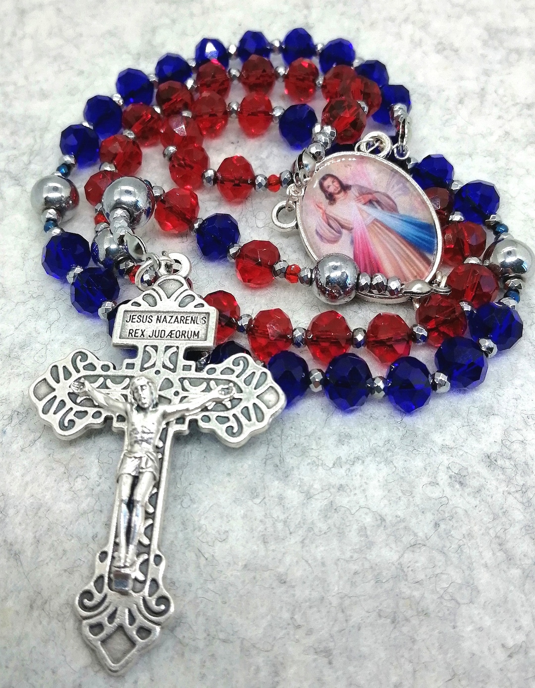 Divine Mercy Rosary Chaplet, Red and Blue Crystal Rosary, Catholic ...