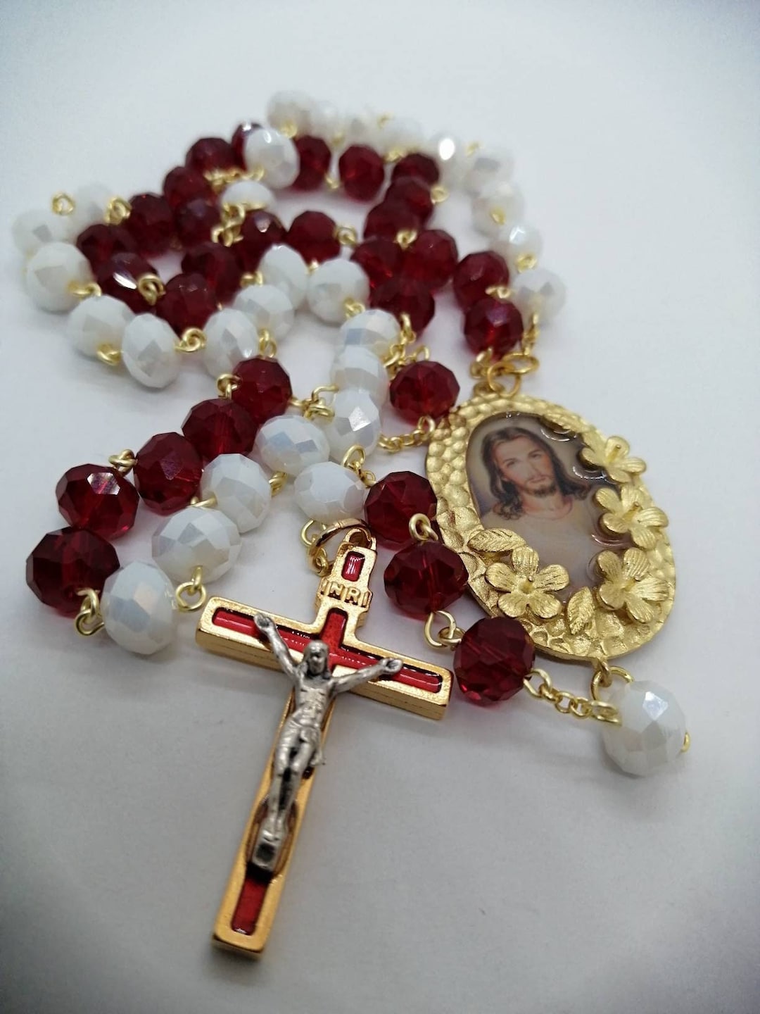Divine Mercy Rosary Chaplet, Red and White Crystal Rosary, Catholic ...