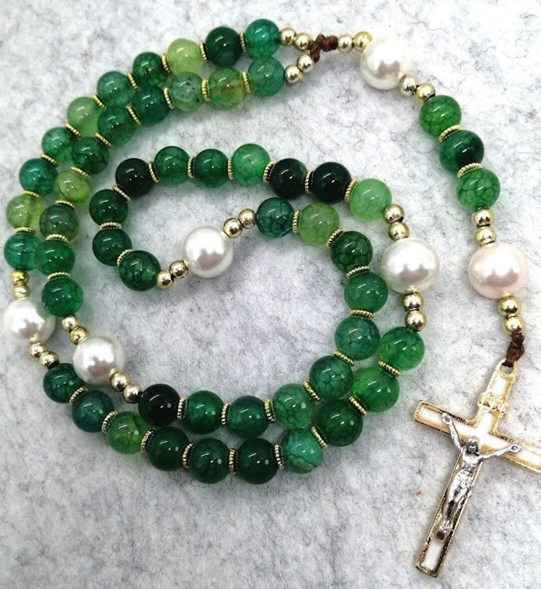 Green Catholic Rosary Mother-of-pearls. Catholic Chaplet, Handmade in ...