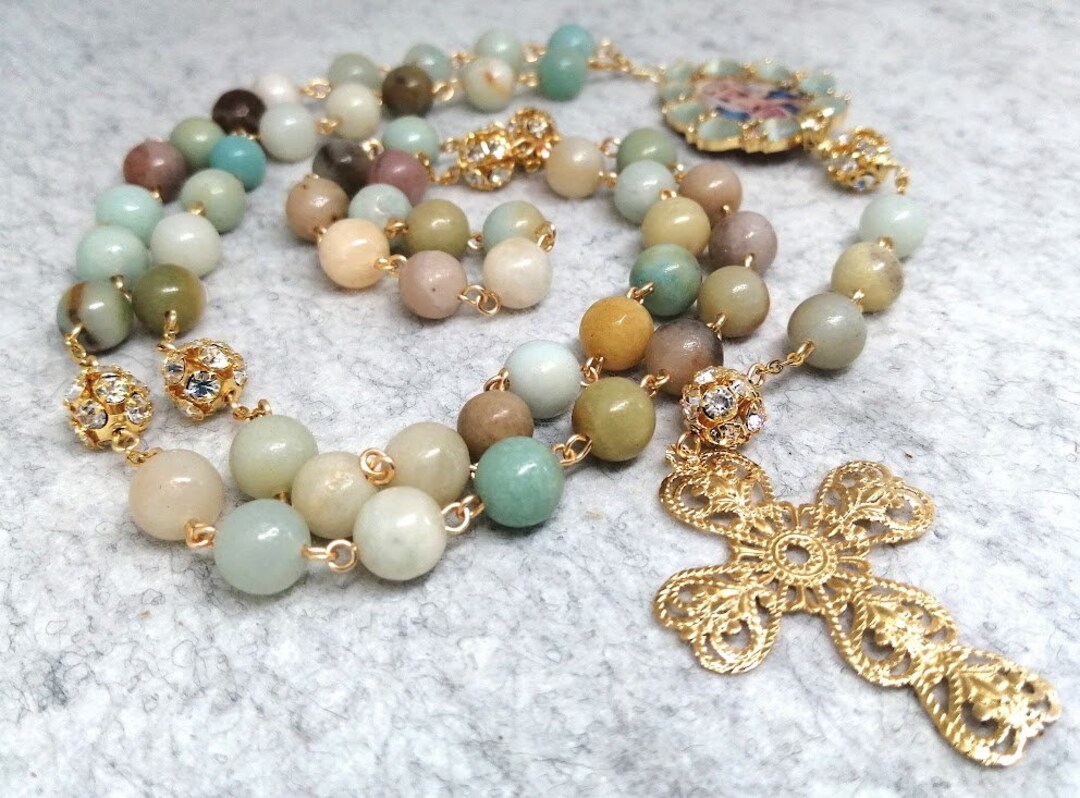 Our Lady of Tears Catholic Rosary in Amazonite and Brass Beads - Rosary ...