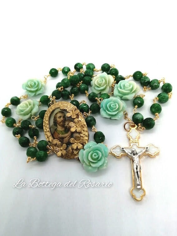 Green Rosary of St Joseph Agate Stones and Roses Beads. Catholic ...