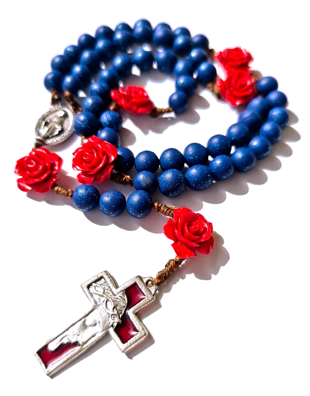 Catholic Rosary Beads, Blue and Red Roses Rosary, Rosary With Roses, Polymer Clay Rosary ...