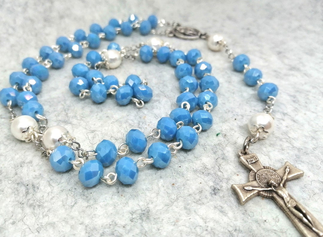 Blue Catholic Rosary, First Communion Rosary Chaplet, Blue and White ...