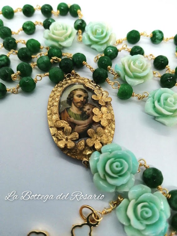 Green Rosary of St Joseph Agate Stones and Roses Beads. Catholic ...
