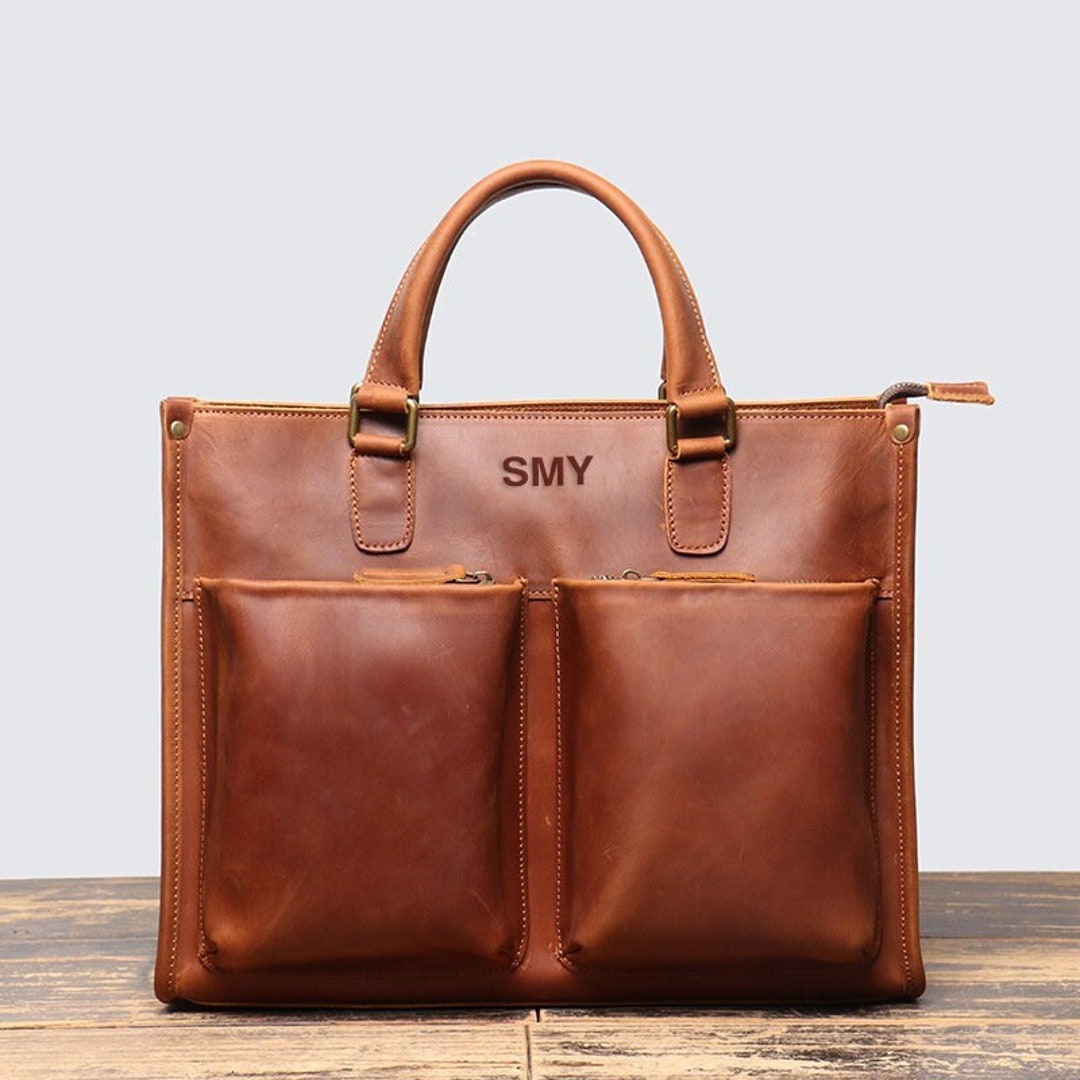 15" Personalized Leather Briefcase, Leather Messenger Bag, Full Grain ...
