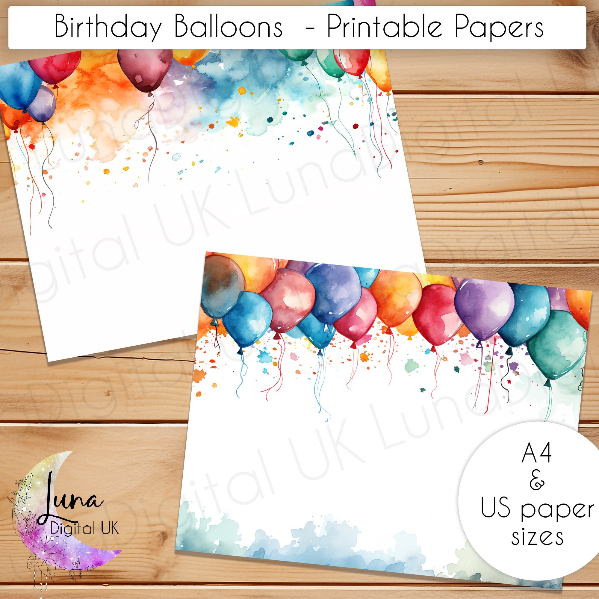 Birthday Balloons Printable Papers, Junk Journal Background Inky ...