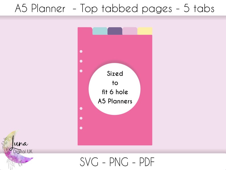 A5 Tabbed Dividers for Planners, A5 Top Tabs 5 Tab Dividers With Holes Cutting File for Cricut ...