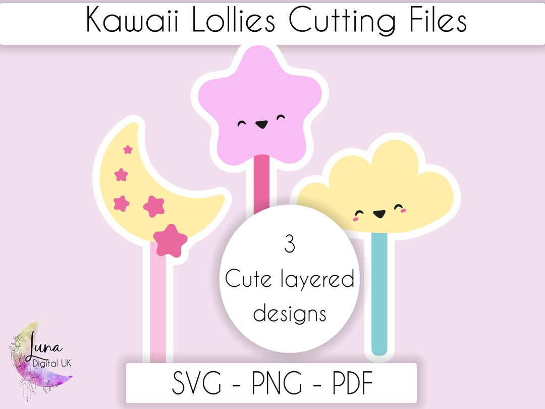 Cute Kawaii Lollies SVG Bundle, 3 Pastel Kawaii Face Lolly SVG, Layered ...